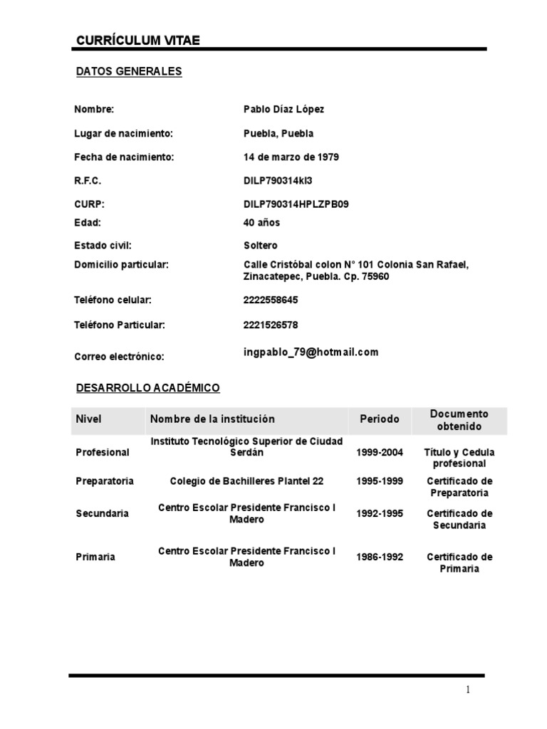 Formato Curriculum Pablo Diaz | PDF | Gestión de recursos humanos | Educación avanzada