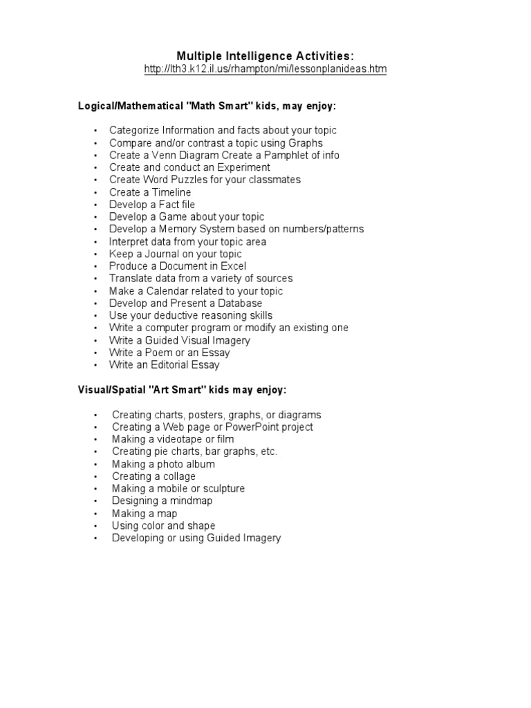 Multiple Intelligence Activities:: Logical/Mathematical "Math Smart ...