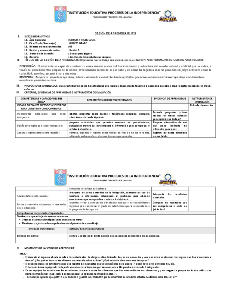 Plano Iclinado Sesion 8 | PDF | Aprendizaje | Science