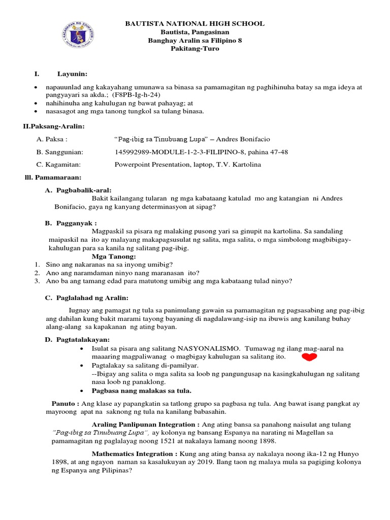 Banhay-Aralin Sa Pag-Big Sa Tinubuang Lupa | PDF