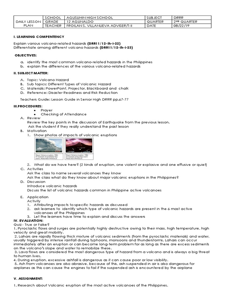 Daily Lesson Plan 1 | PDF | Volcano | Types Of Volcanic Eruptions