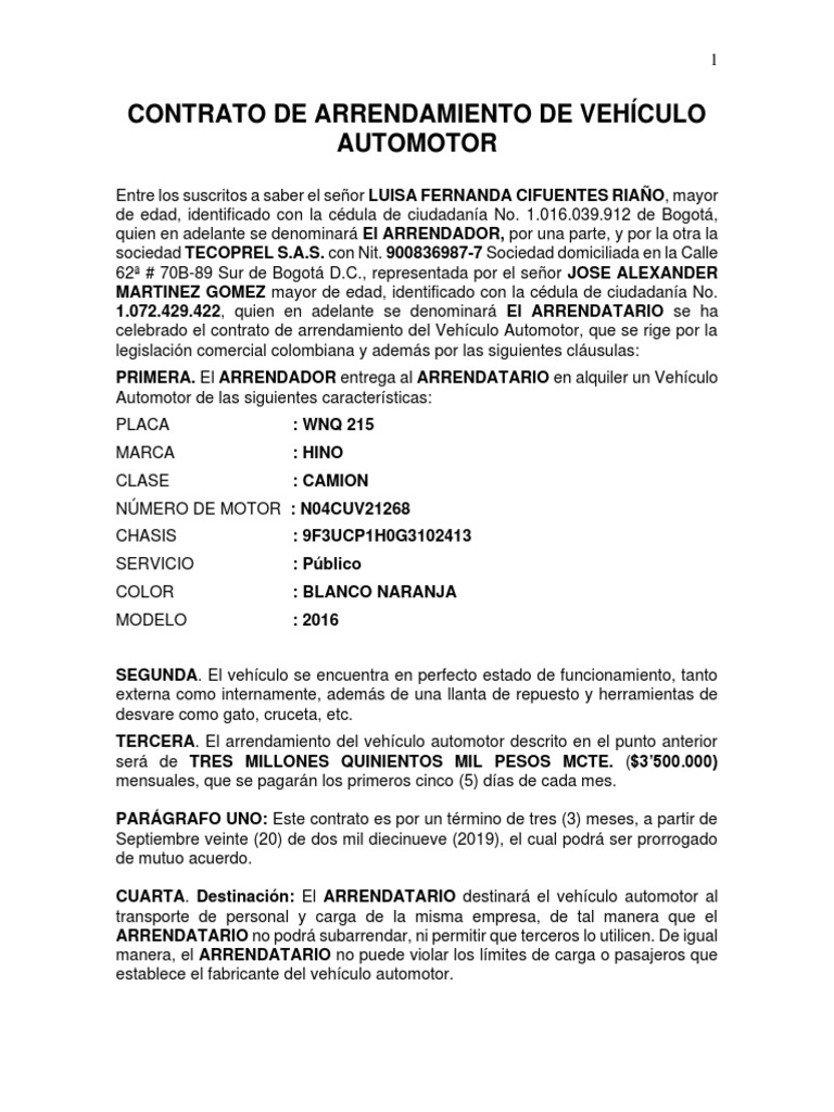 Contrato de Arriendo de Camion | Camión | Alquiler