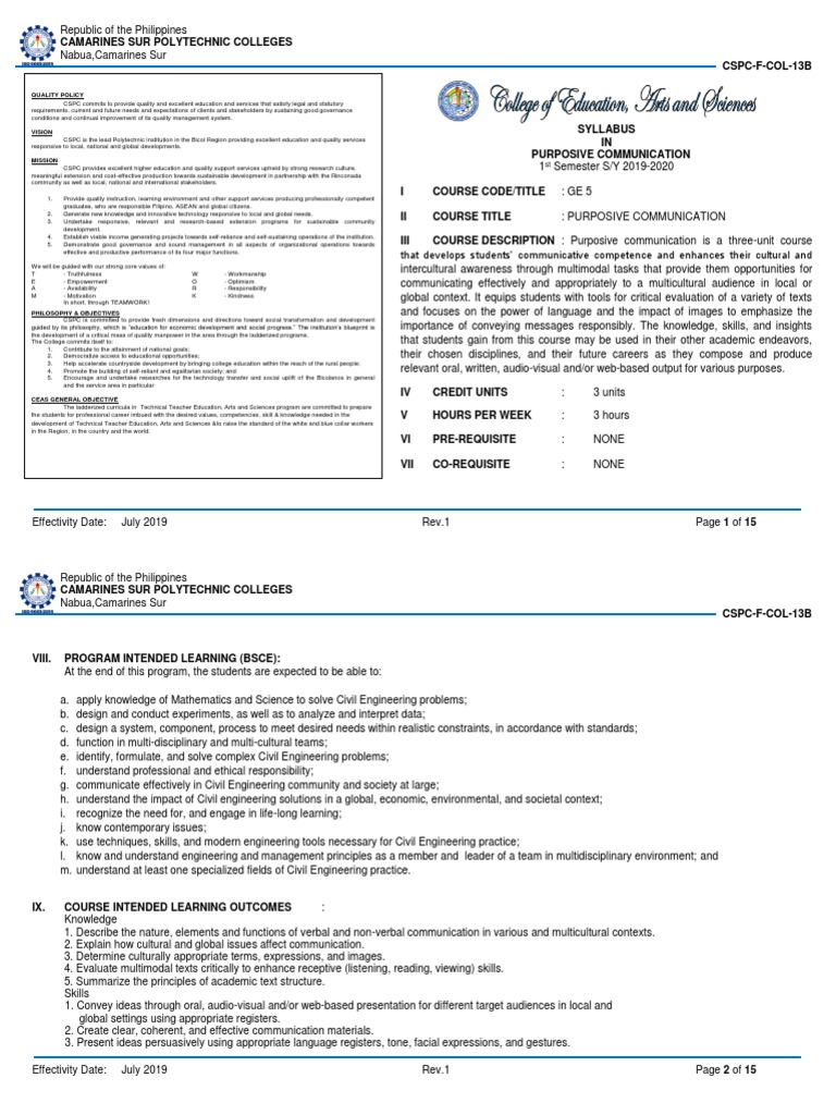 Purposive Communication Bsce | PDF | Engineering | Civil Engineering