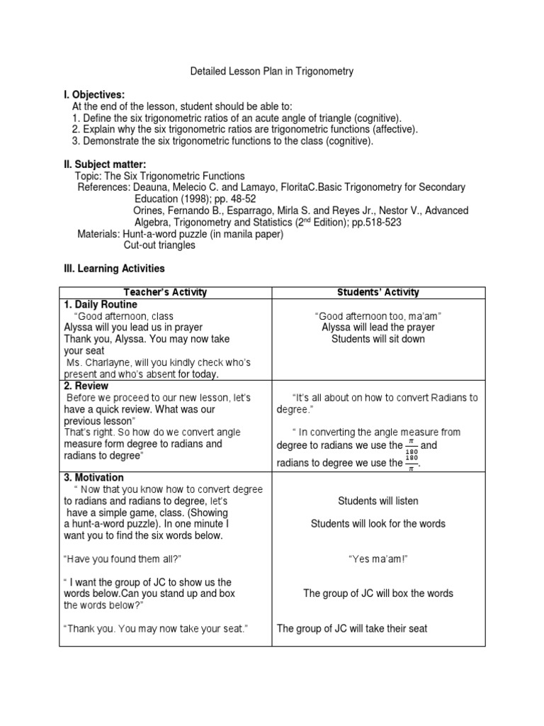 Detailed Trigonometry Lesson Plan | PDF | Trigonometric Functions | Space