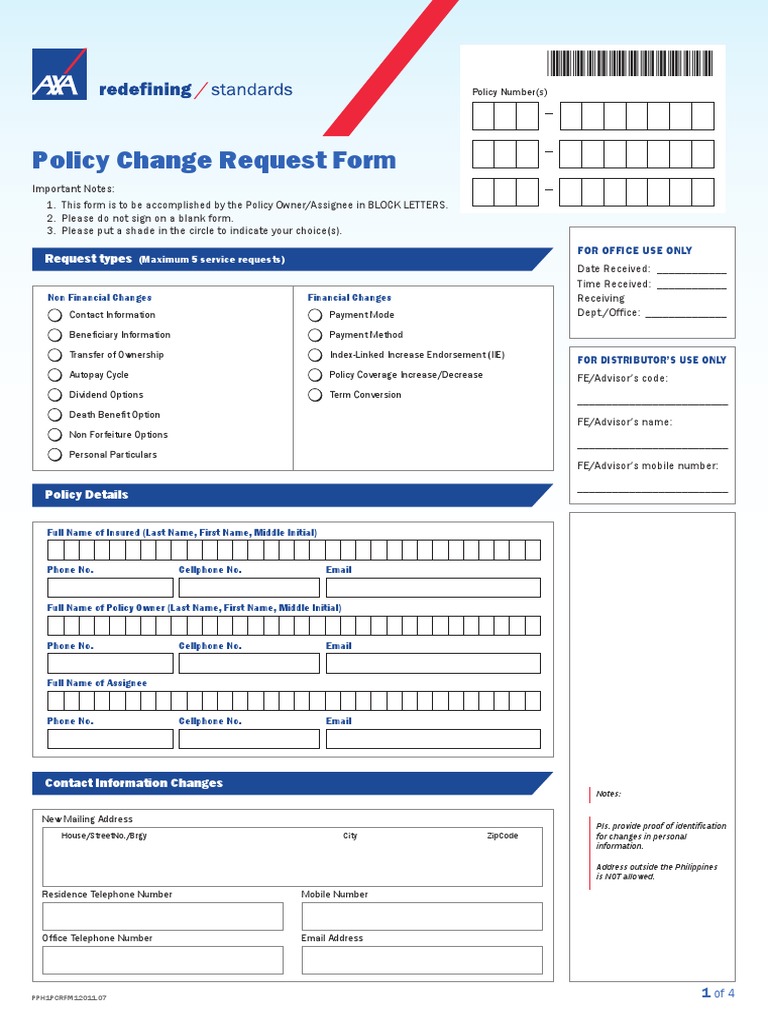 Policy Change Request Form | PDF | Identity Document | Insurance
