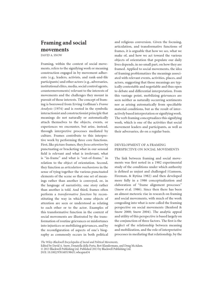 Framing and Social Movements: Analysis (1974) and Is Rooted in The ...