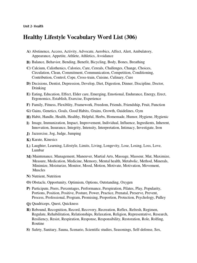 Healthy Lifestyle Vocabulary Word List (306) : Unit 2-Health | PDF ...