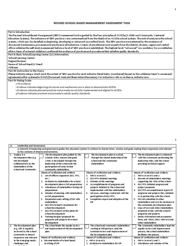 SBM Assessment Tool | PDF | Educational Assessment | Curriculum