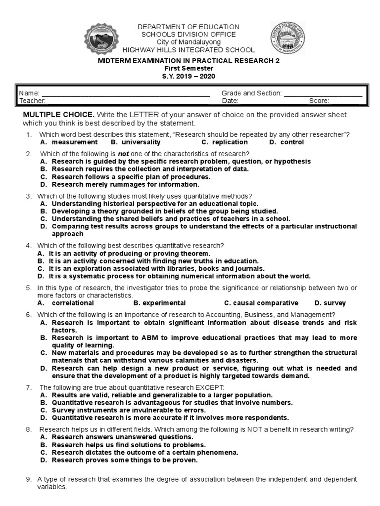 Midterm Exam PR2 | Quantitative Research | Scientific Method