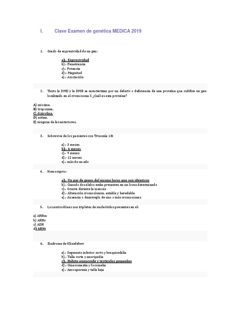 Clave Examen Genética Médica 2019 | PDF | Gene | Síndrome de Down