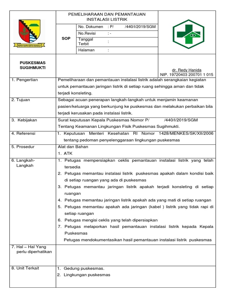 8.5.1.2.a Sop Pemeliharaan Dan Pemantauan Instalasi Listrik | PDF