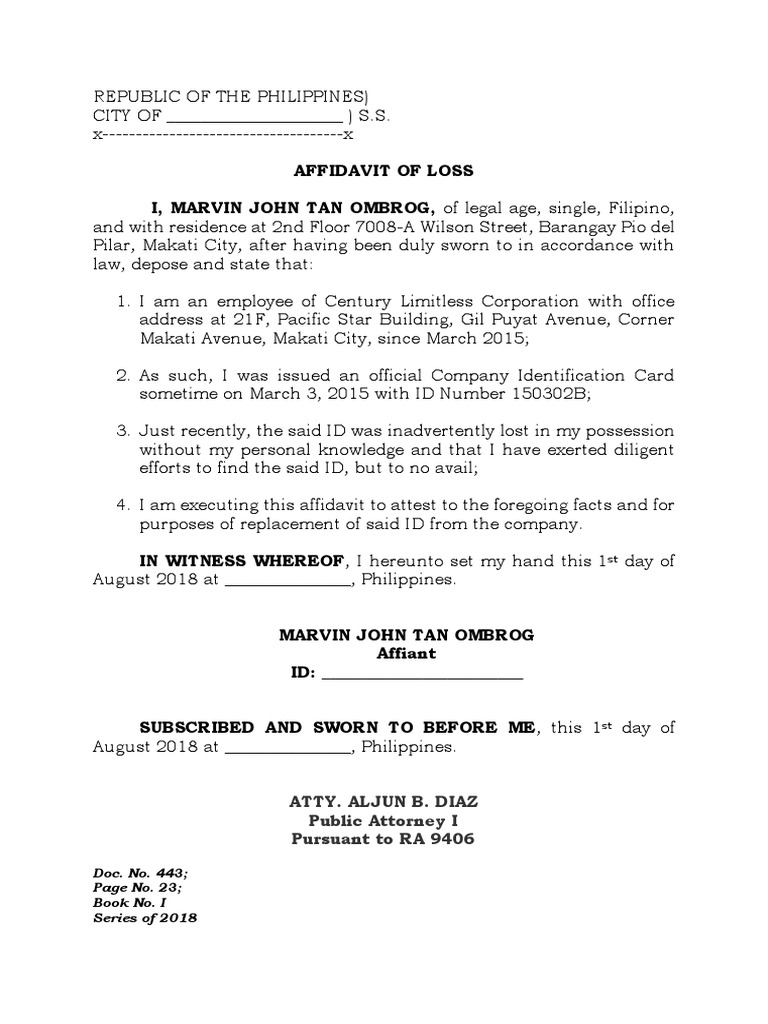 Affidavit Lost ID Card | PDF