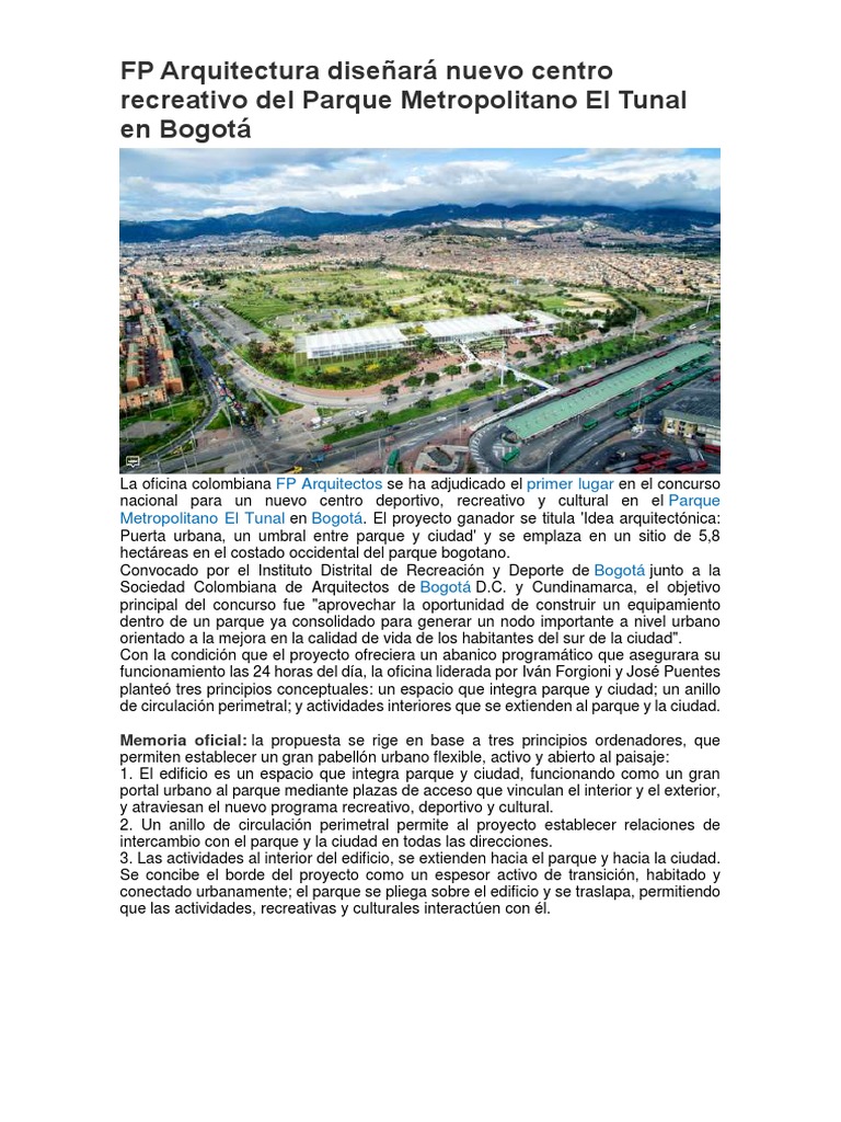 Centro Recreativo Del Parque Metropolitano El Tunal en Bogotá | PDF ...