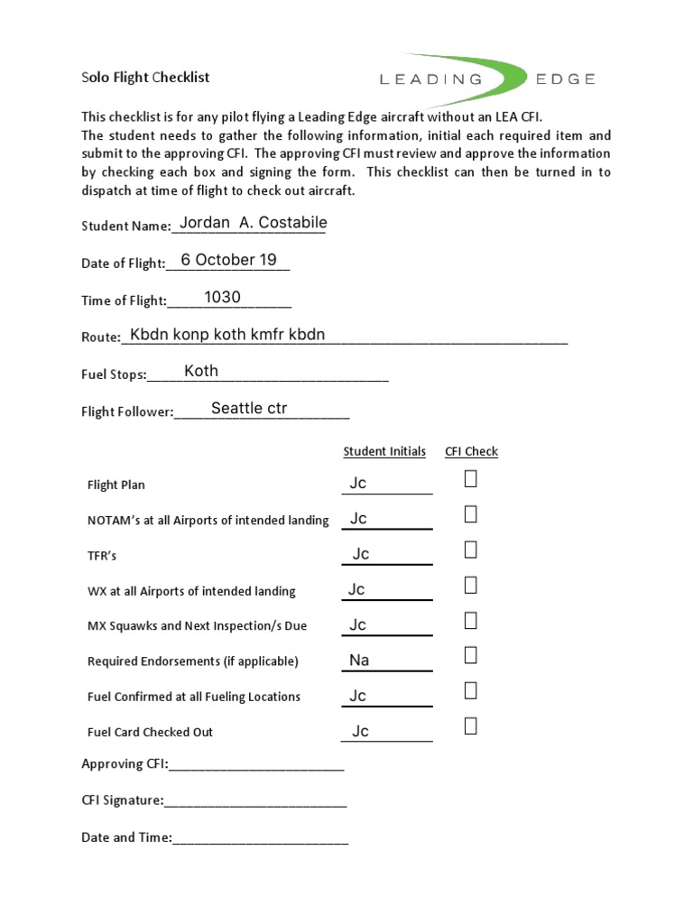 Solo Flight Checklist for Pilots | PDF | Finance & Money Management ...