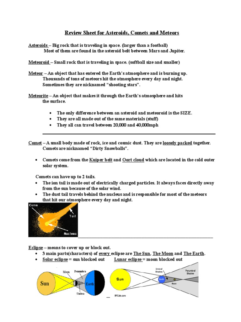 Review Sheet For Asteroids | PDF | Science & Mathematics