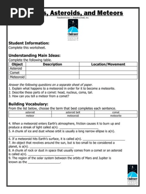 Worksheet Asteroids Meteors Meteoroids