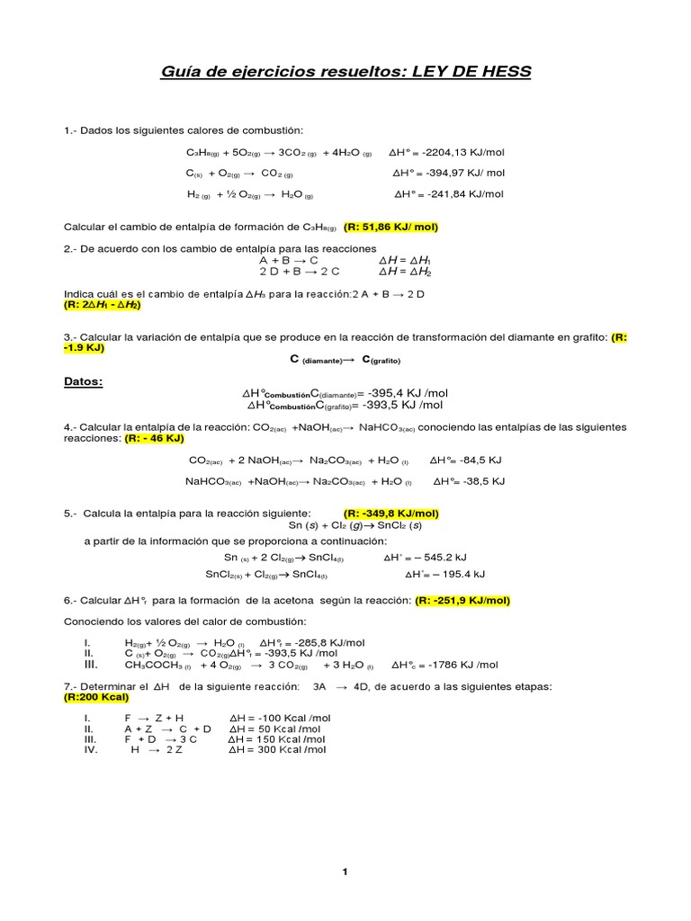 Guã - A de Ejercicios Ley de Hess-Resueltos | PDF | Entalpía | Ramas de ...