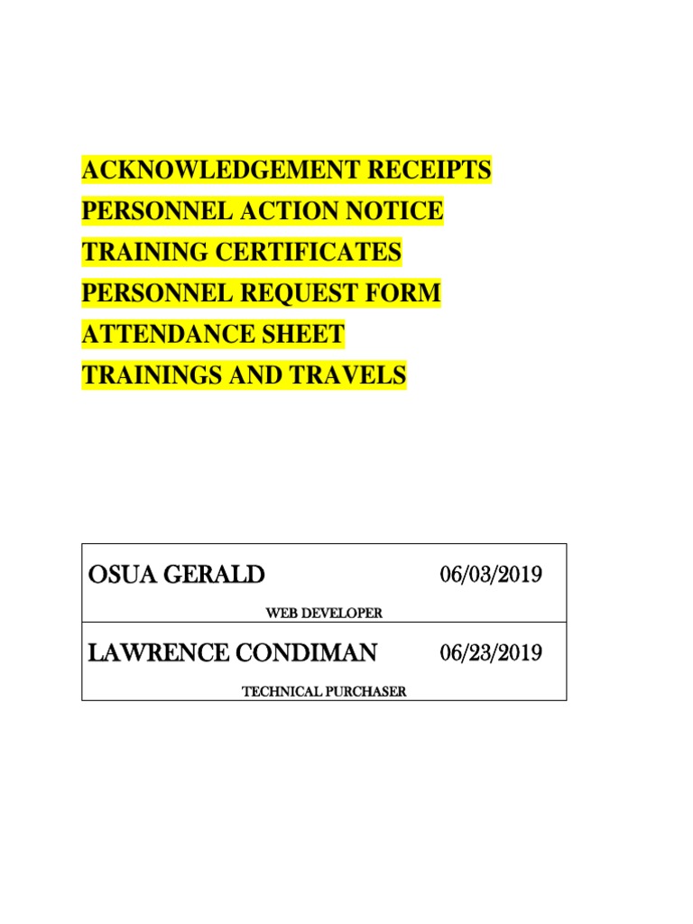 Acknowledgement Receipts Personnel Action Notice Training Certificates ...
