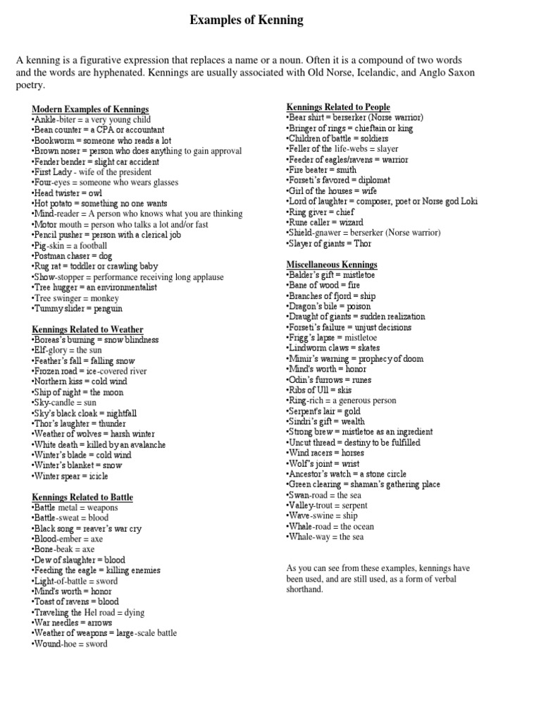 Modern Examples of Kennings Kennings Related To People | PDF | Norse ...