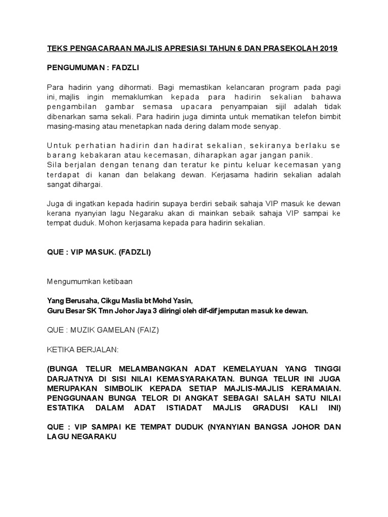 Teks Pengacaraan Majlis Graduasi Tahun 6 Dan Prasekolah 2019 | PDF