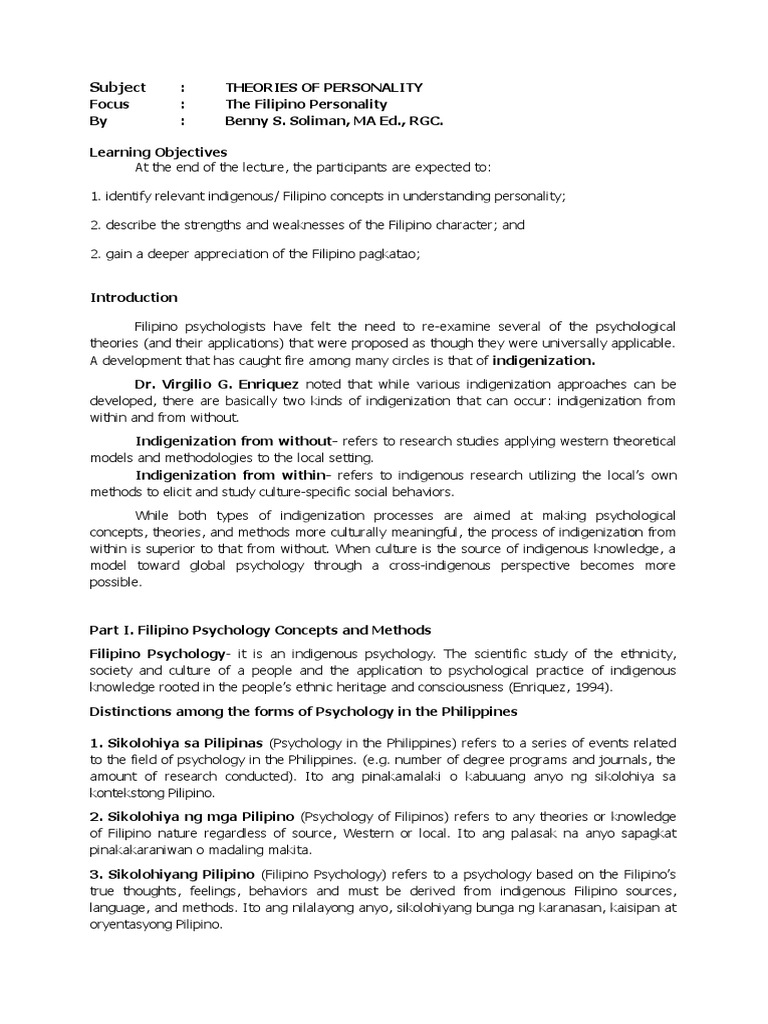 6-The Filipino Personality..doc | Action (Philosophy) | Metaphysics Of Mind