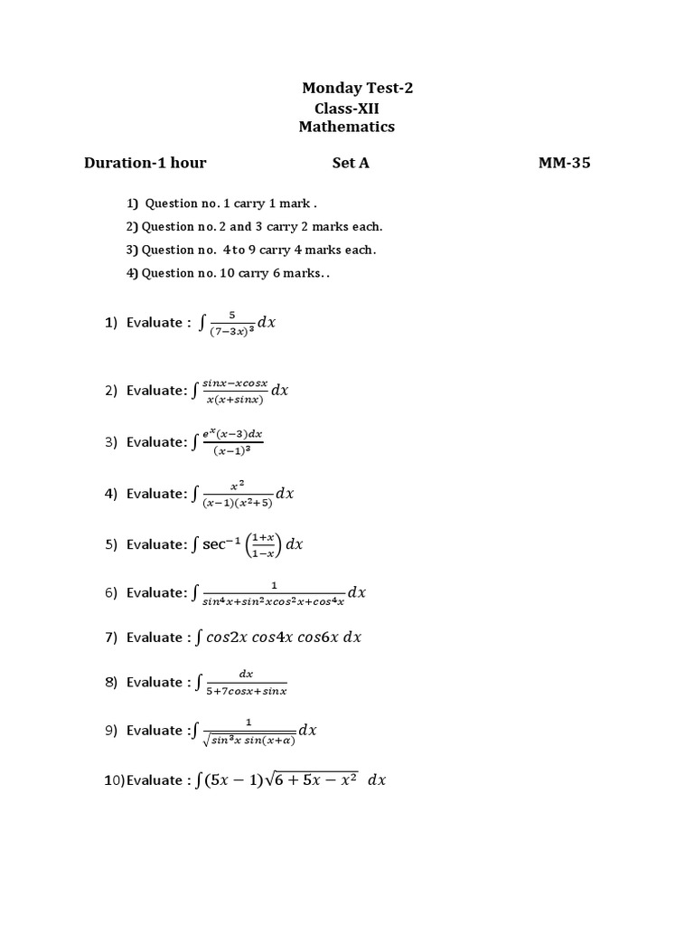 Monday Test-2 Class-XII Mathematics Duration-1 Hour Set A Mm-35 | PDF