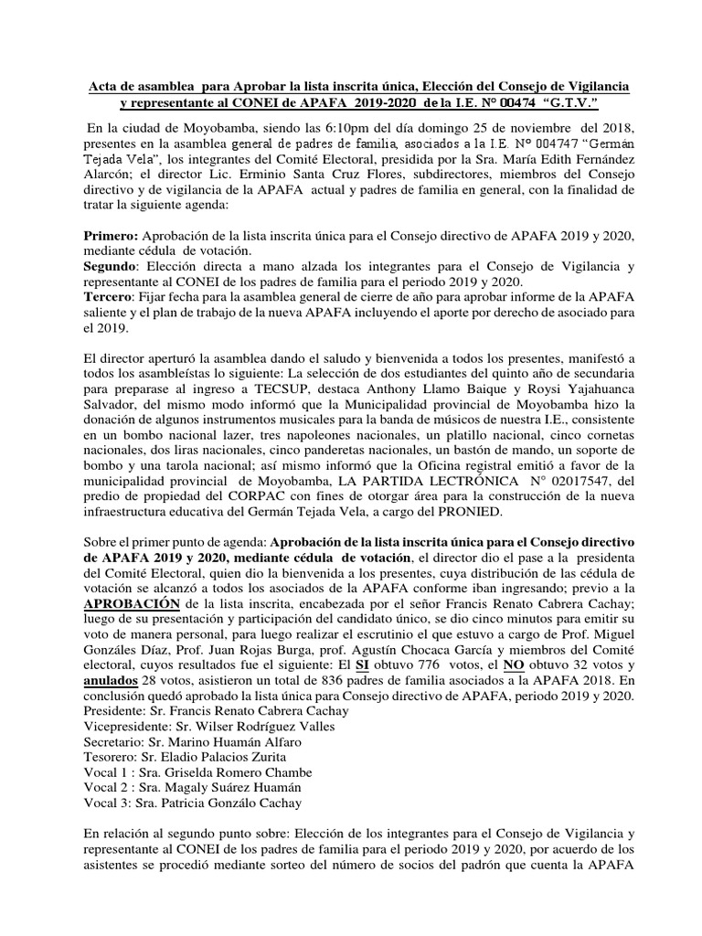 Acta 06-2018 Aprobación APAFA | PDF | Elecciones