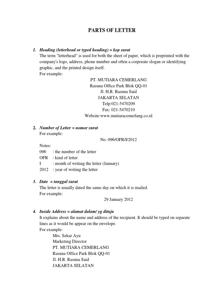 Parts of Letter: 1. Heading (Letterhead or Typed Heading) Kop Surat ...