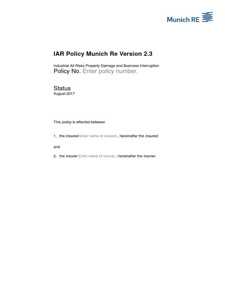 IAR Policy Munich Re Version 2.3 | PDF | Deductible | Indemnity