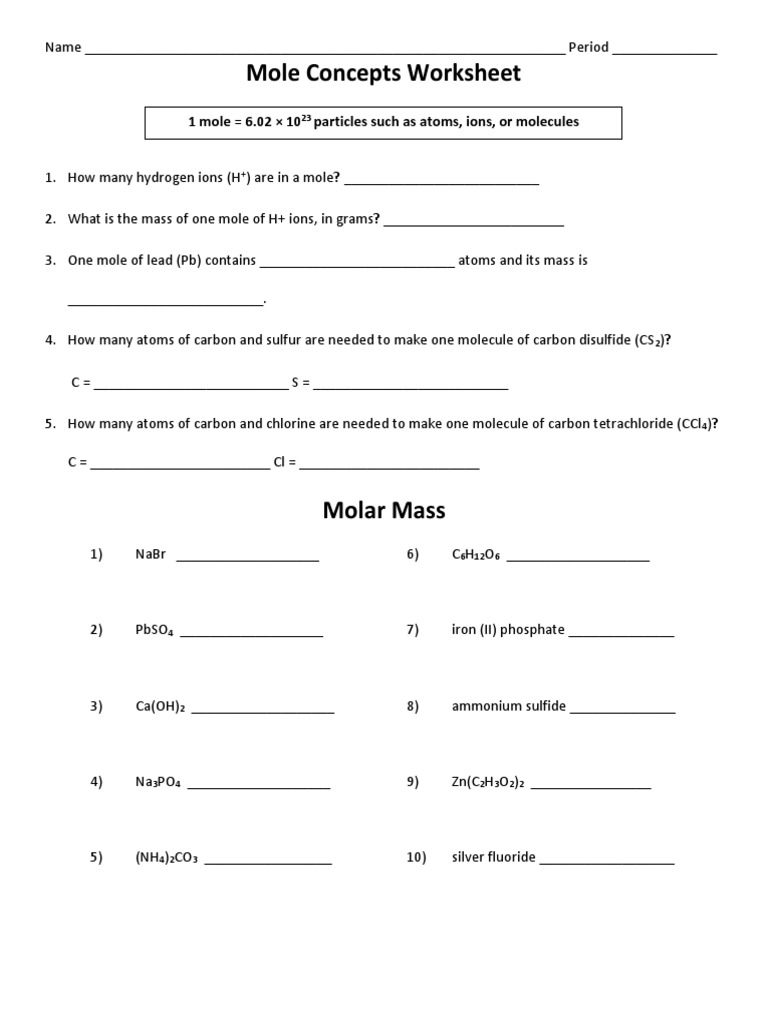 Mole Concepts Worksheet And Molar Mass And Key Pdf Mole Unit Chemistry