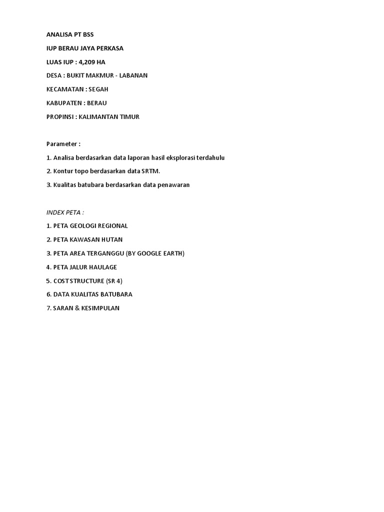 Analisa PT Bss Iup Berau Jaya Perkasa Luas Iup: 4,209 Ha: Index Peta | PDF