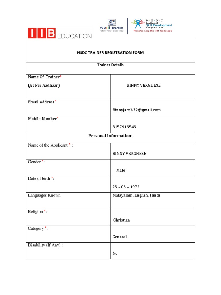 NSDC Trainer Registration Form Trainer Details | PDF | Computing