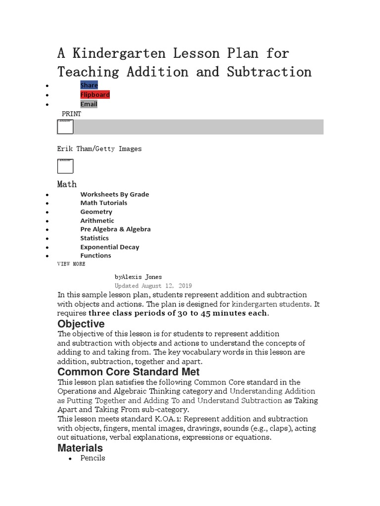 A Kindergarten Lesson Plan For Teaching Addition and Subtraction | PDF ...
