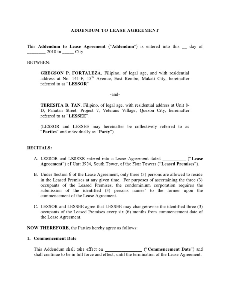 Addendum To LEase | PDF | Lease | Virtue