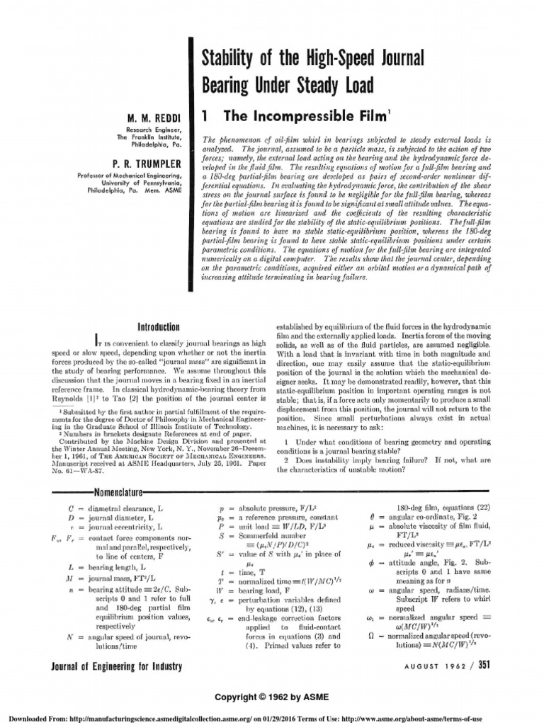Stability of The High-Speed Journal Bearing Under Steady Load | PDF ...