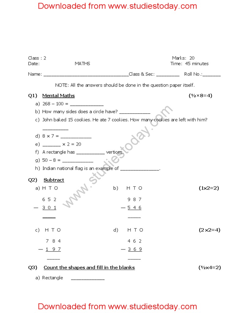 CBSE Class 2 Maths Question Paper Set A | PDF | Geometric Shapes ...