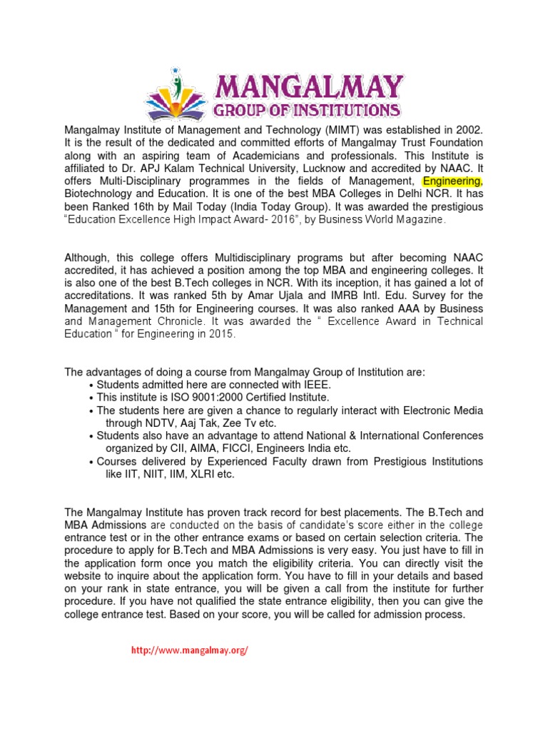 Mangalmay Institute of Management and Technology | PDF | Postgraduate ...