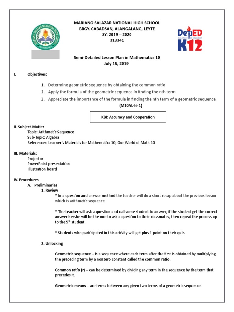 1st Cot LP in Math10 | PDF | Area | Sequence
