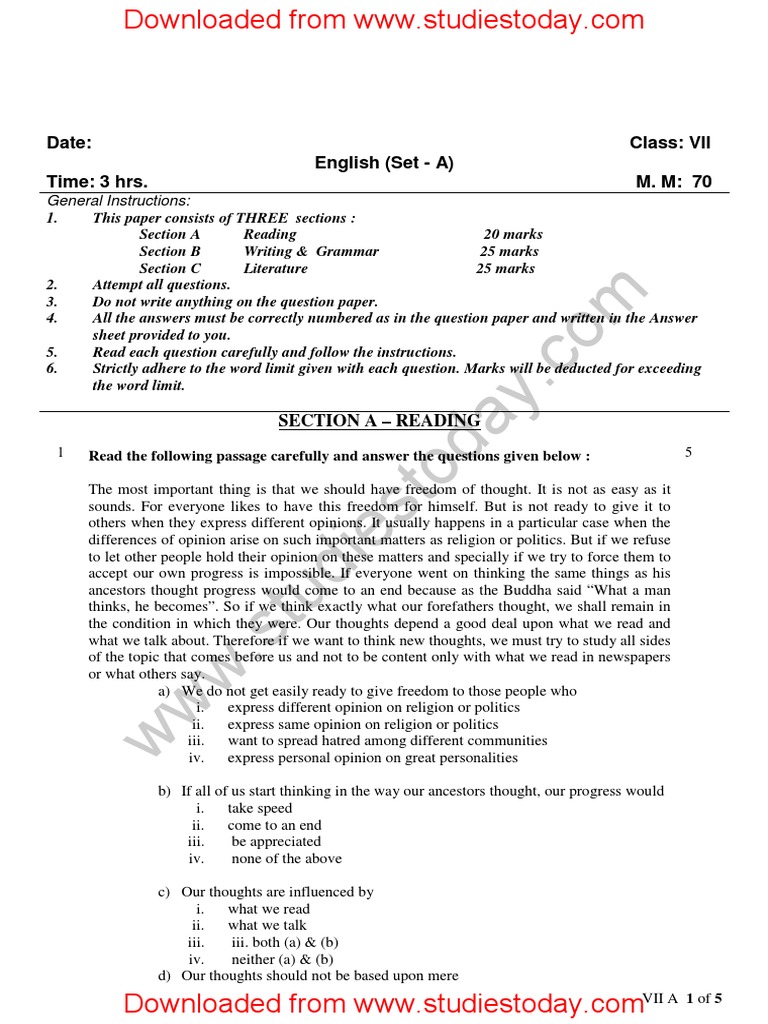 CBSE Class 7 English Question Paper Set A | PDF | Question