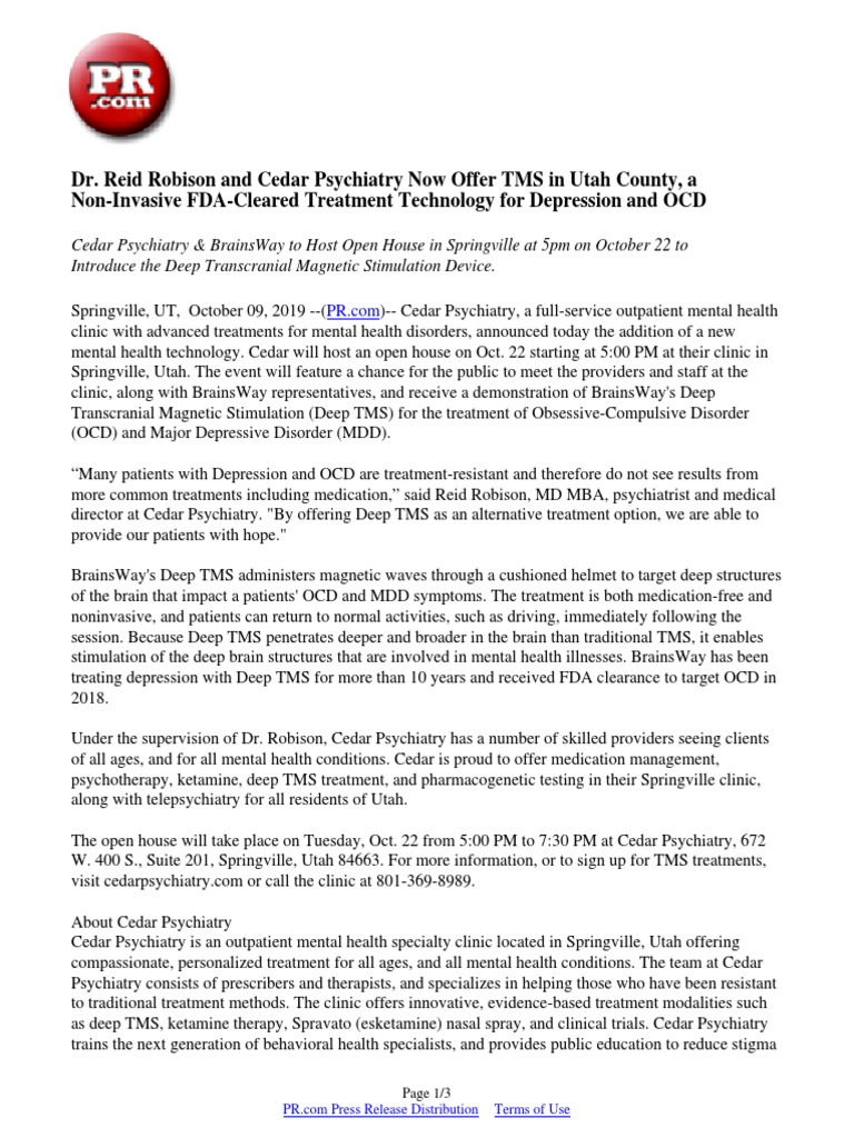 Dr. Reid Robison and Cedar Psychiatry Now Offer TMS in Utah County, A ...