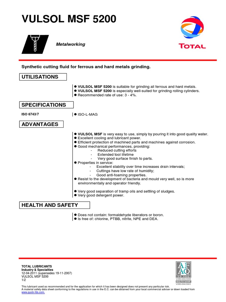 Total Vulsol 5200 MSF | PDF | Lubricant | Industrial Processes