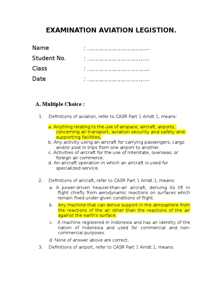 Aviation Legislation MCQ Examination | PDF | Aeronautics | Aerospace ...