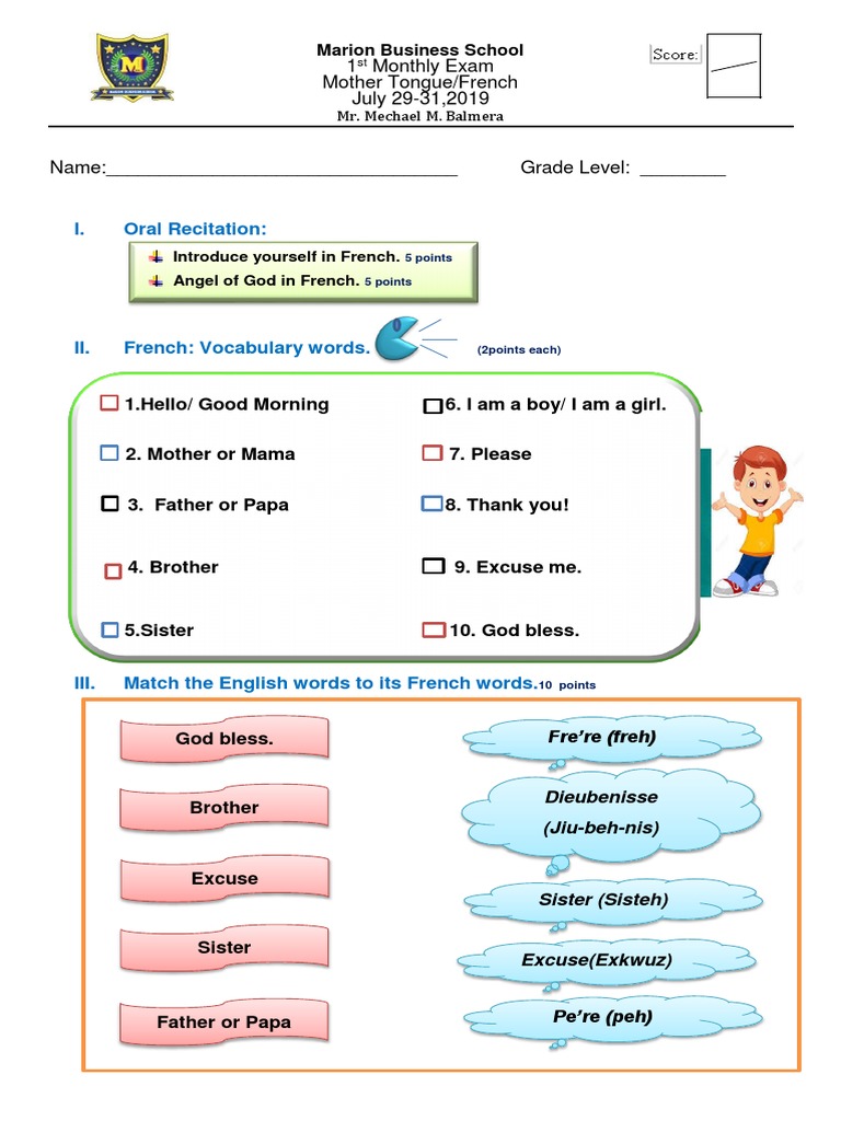 Grade 1 French Exam Guide | PDF