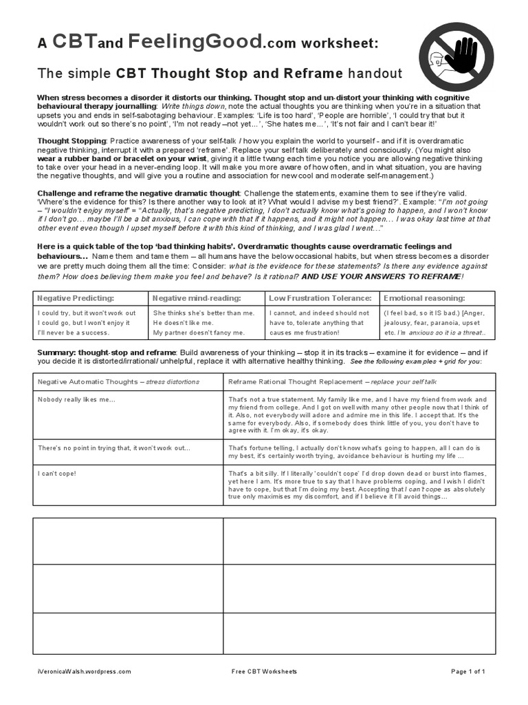 CBT Feelinggood: The Simple CBT Thought Stop and Reframe Handout | PDF ...