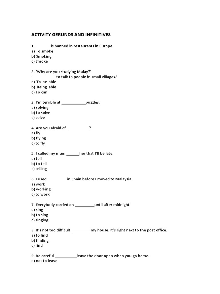 Exercise - Grammar Unit 7 - Gerunds and Infinitives PDF | PDF ...