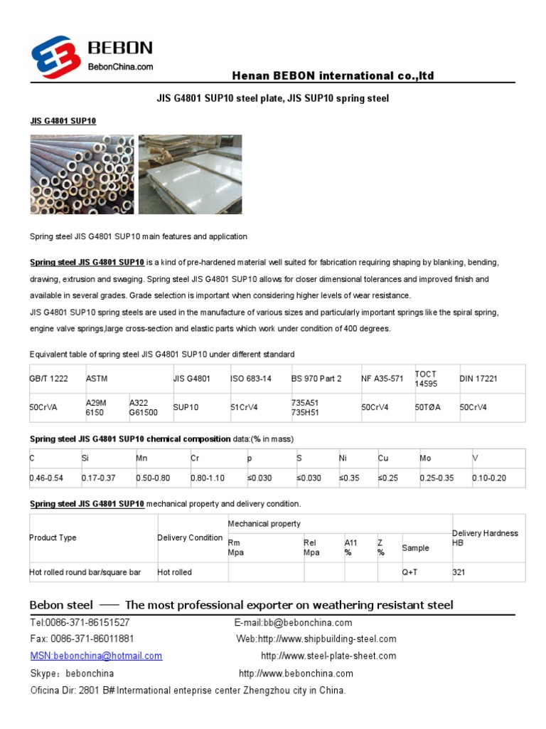 Thành phần, cơ tính JIS G4801 SUP10 steel plate | PDF | Rolling ...