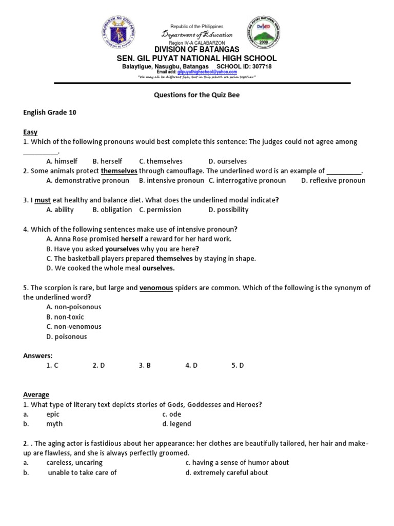 Quiz-Bee-7-10 English | Download Free PDF | Question | Syntax