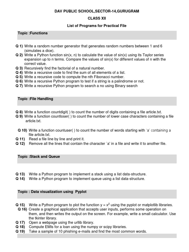 List Of Programs For Practical File Covering Functions File Handling Data Structures Data