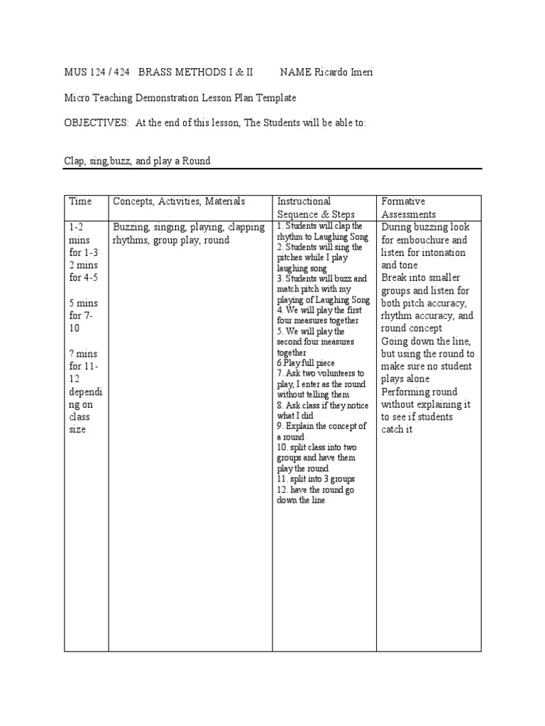 Brass Methods Lesson Plan Fixed | PDF | Lesson Plan | Pedagogy