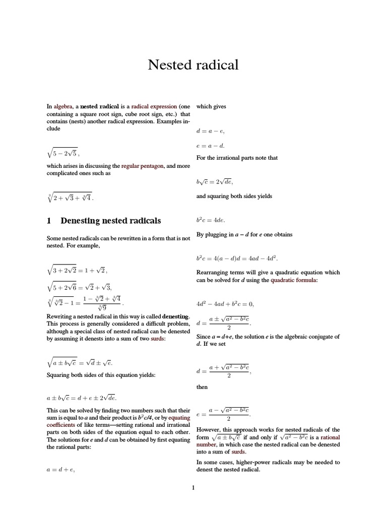 Wikipedia Nested Radical | PDF | Algebra | Teaching Mathematics